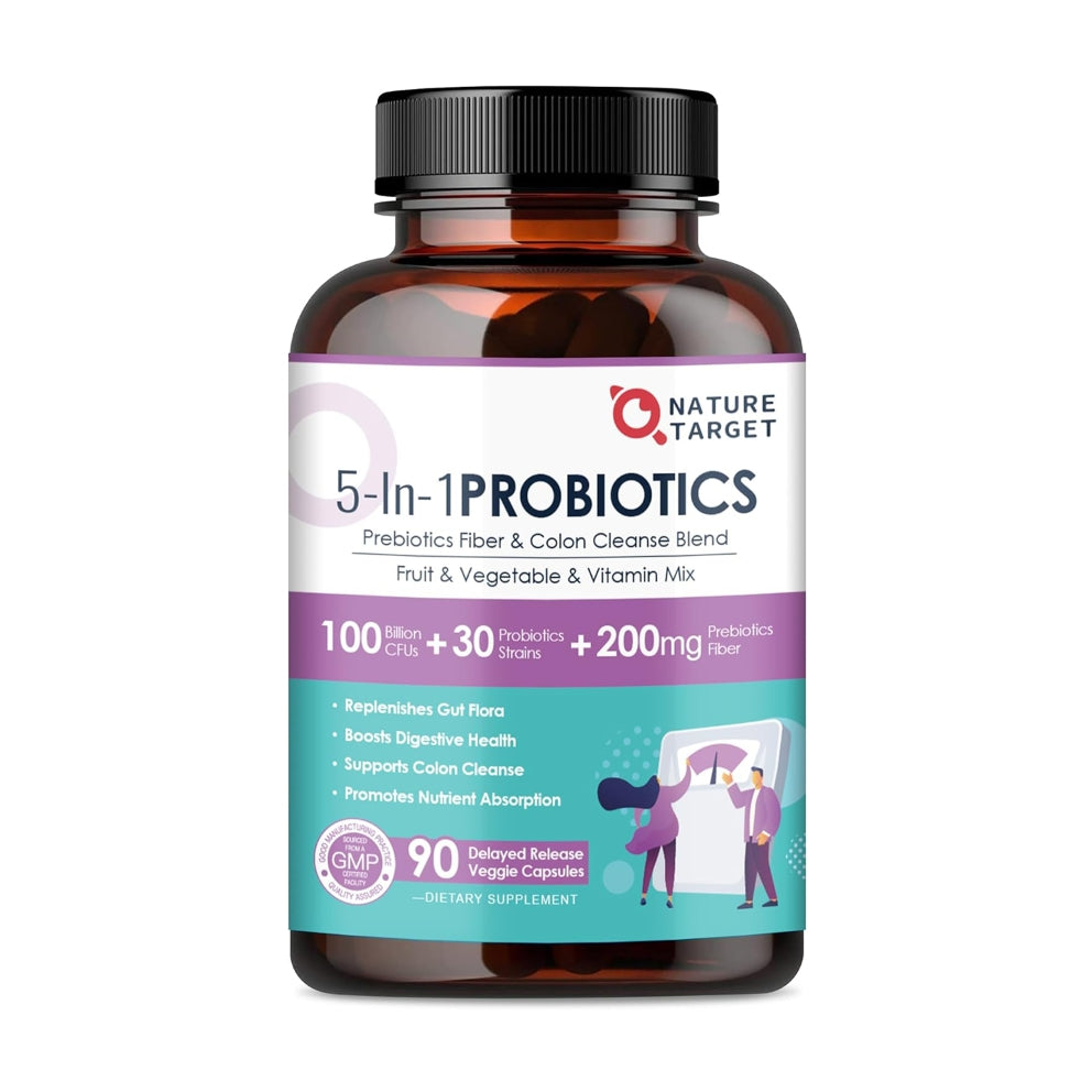 5-in-1 Digestive Health Probiotics with 100B CFUs + 200mg, 90 Vegan Ca ...